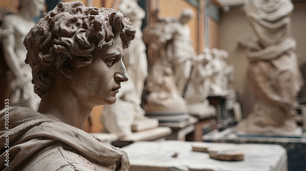 Male model as a Renaissance sculptor in a marble studio, art and ...