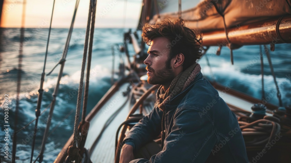 Male model as a seasoned sailor navigating a vintage sailboat ...