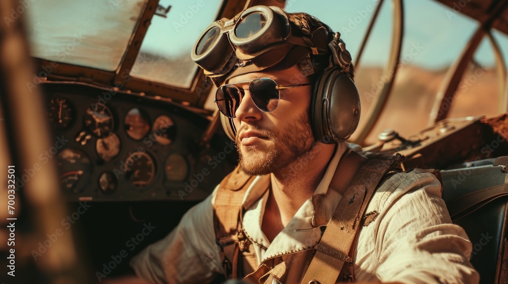 Male model as a vintage pilot in an old aircraft, adventure and ...