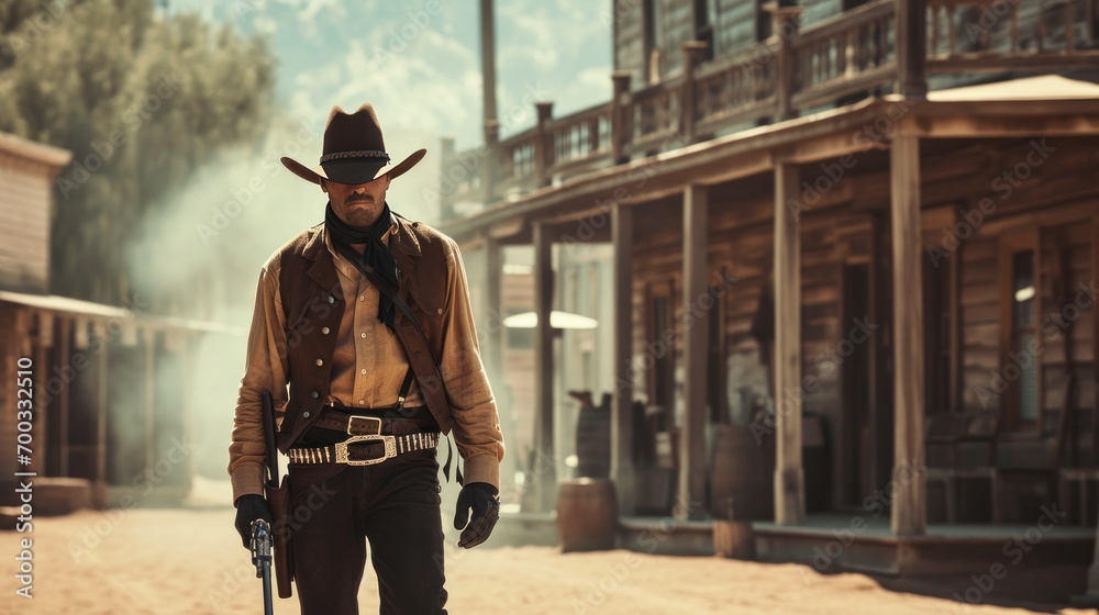Male model as a Wild West gunslinger in a dusty town, ruggedness and ...