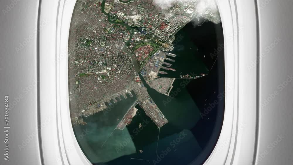 Satellite Manila map background loop. Airplane salon passenger seat ...