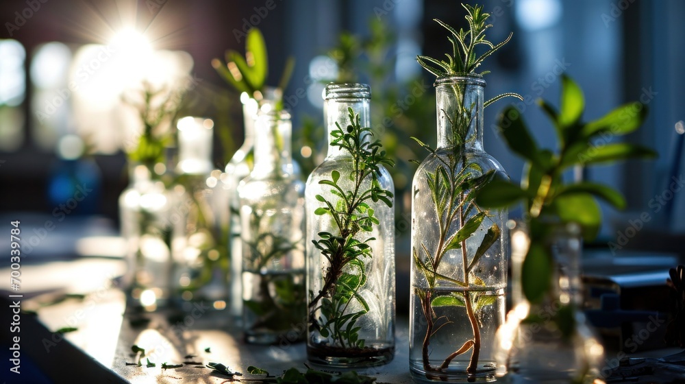 botanical research plant sample in glass flasks in laboratory with ...