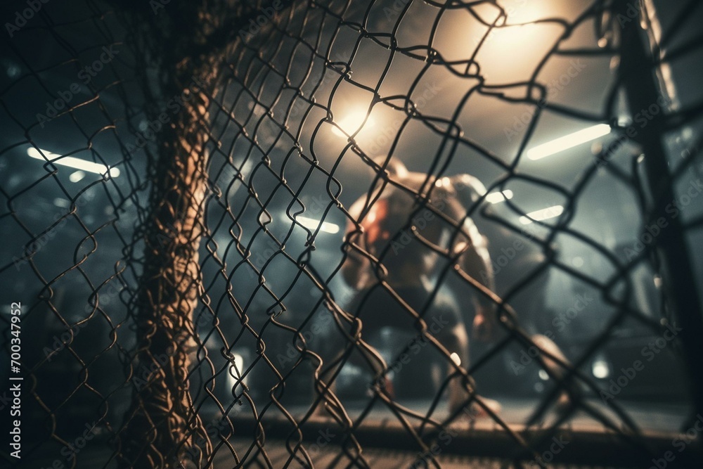 Lit MMA fight cage seen through chain link fence in octagon interior ...