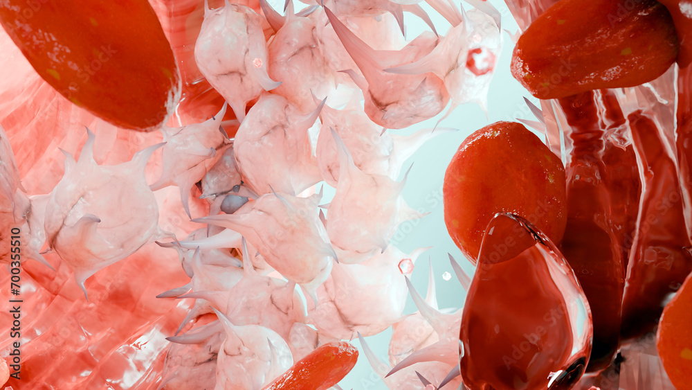 Hemostasis. Red blood cells and platelets in the blood vessel ...