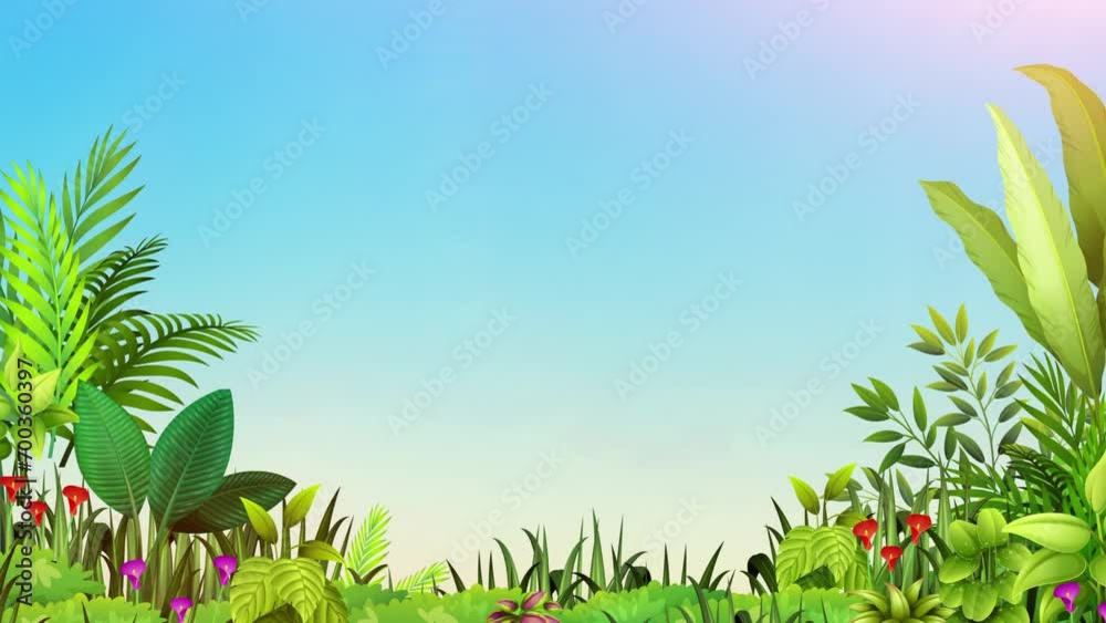 tropical plants moving in the wind in a loop animation on a sky ...