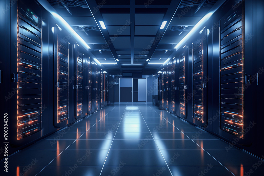 A modern data center with rows of server racks - high technology ...