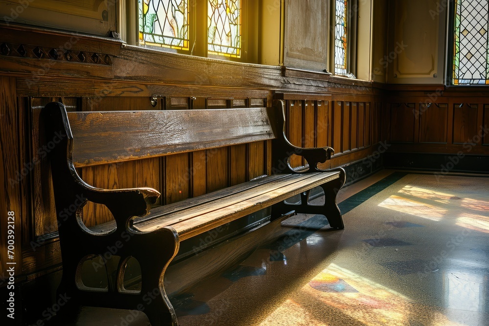 Simple wooden bench in a quiet church corner, with a light shining ...