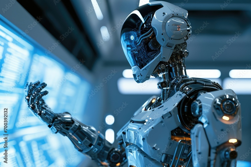 Sleek chrome robot in a high-tech laboratory, initiating a ...