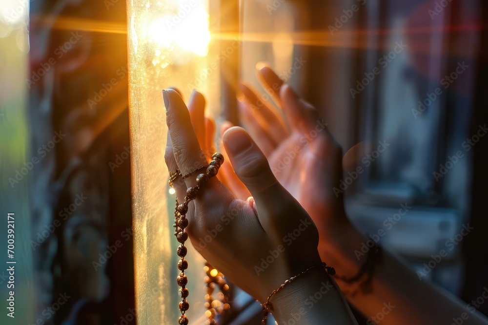 Sunlight filtering through a window, illuminating hands as they pray ...