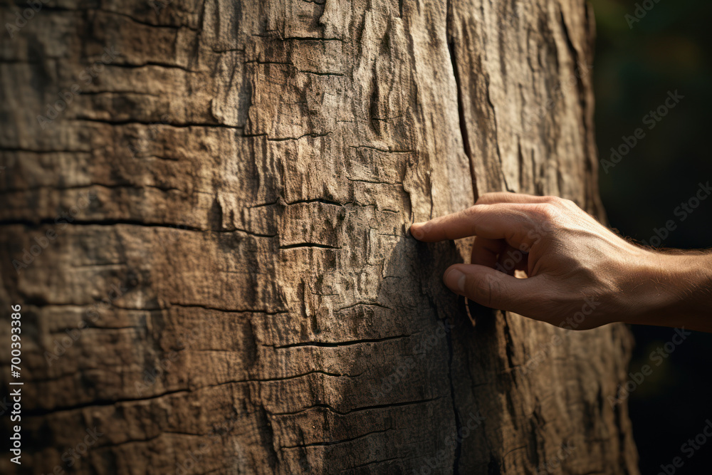 A person's hand tracing the outline of a tree bark, connecting with the ...