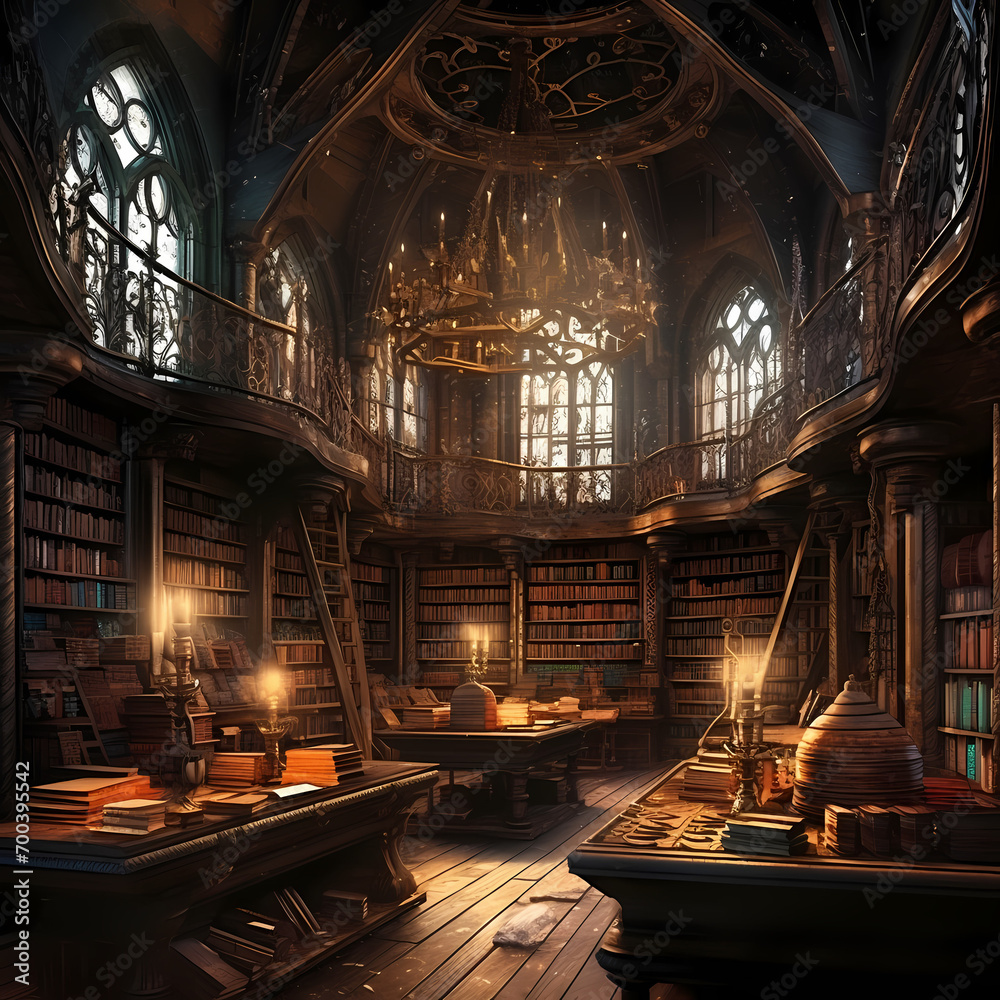 Generate an image of a grand library in a wizarding school, filled with towering bookshelves ...