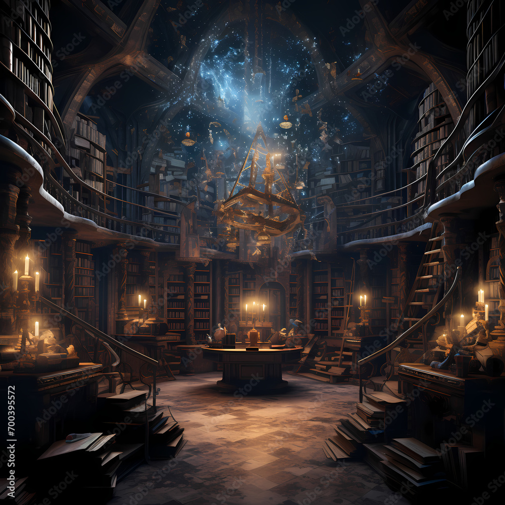 Generate an image of a grand library in a wizarding school, filled with ...