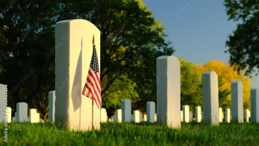 Field of American flags at Sunset. Flags on grave stones for memorial ...