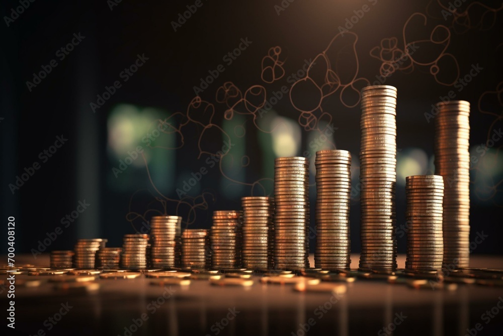 Coins multiplying over time. Growing investment value. Upward trend. 3D ...