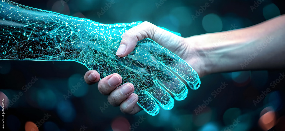 Intriguing visual representation of a human and AI meeting through a ...