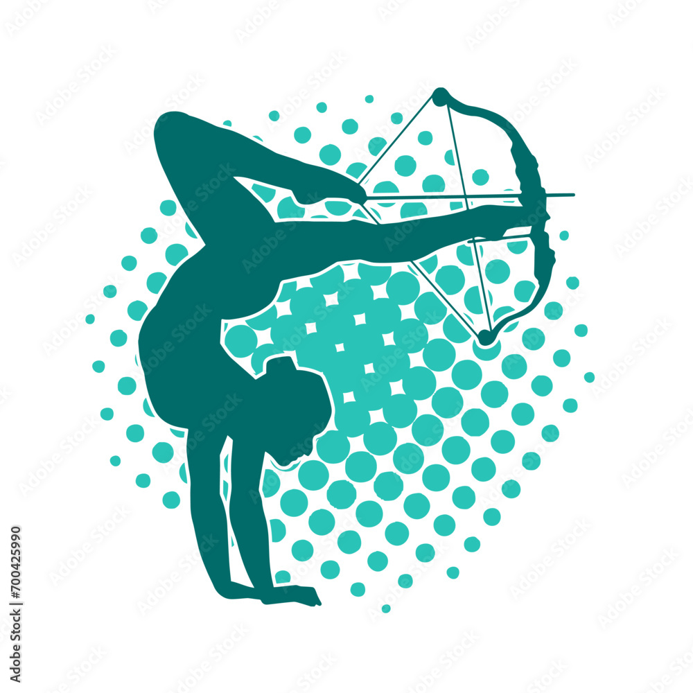 Silhouette of a female archer aiming in acrobatic pose. Silhouette of a ...