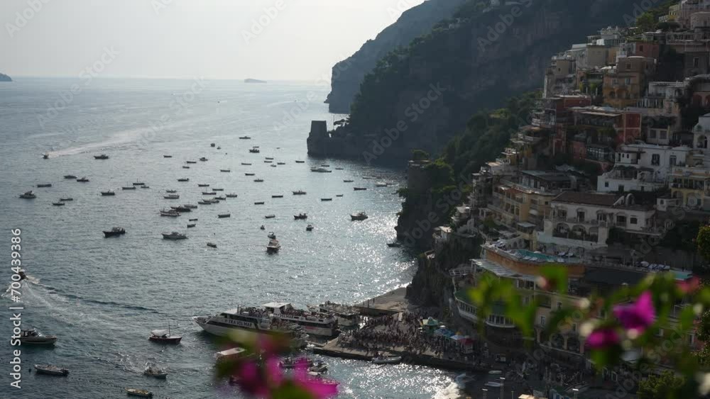 Top view of people waiting for ferry ride at Positano pier. Tourists ...