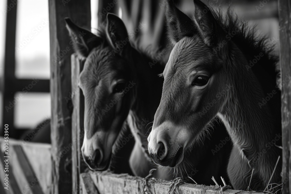 Two donkeys are depicted looking over a fence. This image can be used ...