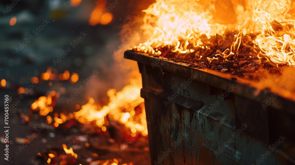 A fire burning in a dumpster next to a pile of trash. This image can be ...