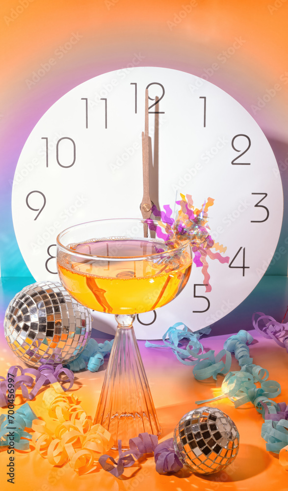 New Years Clock Countdown at 12 Midnight, A Disco Mirror Ball, A Glass ...
