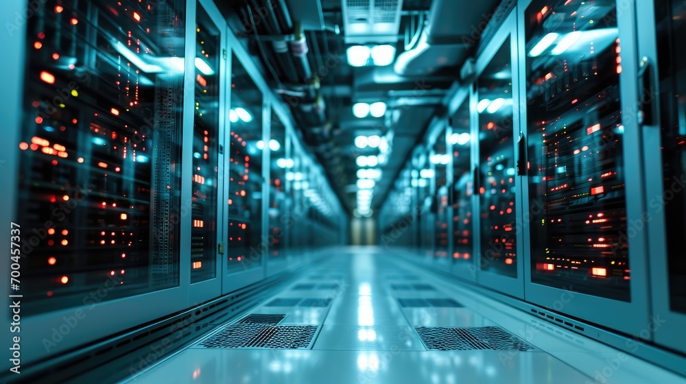 Data center, Network server room with fiber optic cables connected to ...