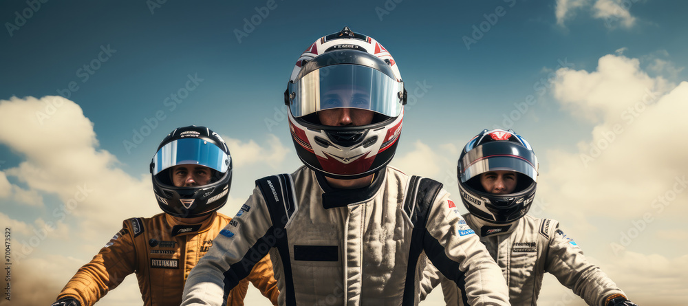Formula drivers with their overalls and helmets looking at the camera ...