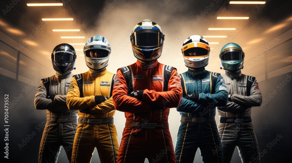 Formula drivers with their overalls and helmets looking at the camera ...