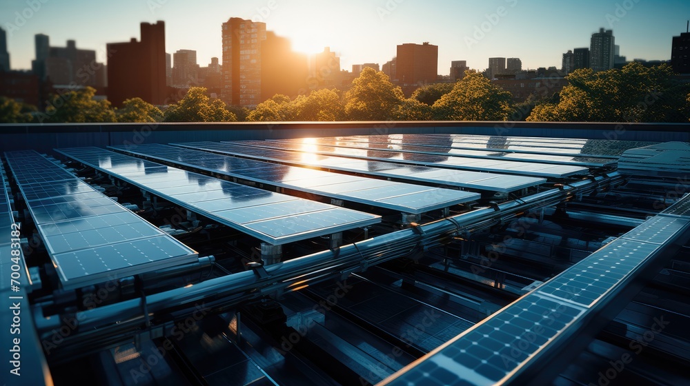 Aerial perspective of a rooftop solar panel installation, Showcasing ...
