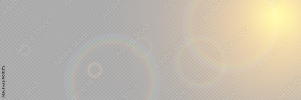 Bright light with glare and reflection of the camera lens. Sun, sun ...