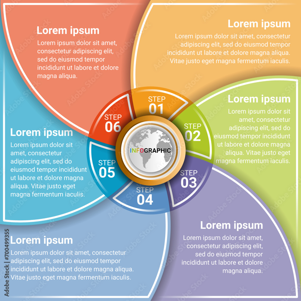 Infographic timeline design template for an 6-step geometric curve with ...