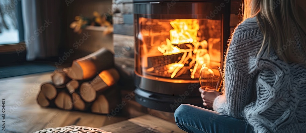 Attractive woman in jeans cleans from ashes a modern wood burning ...