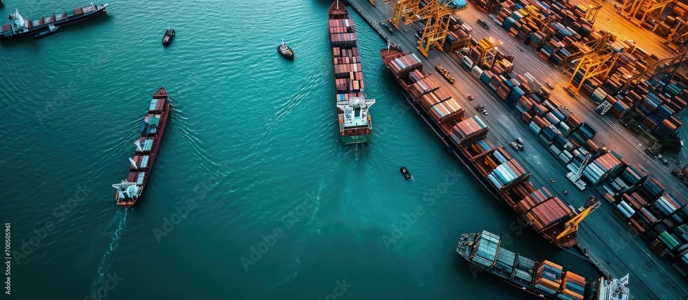 Bird eye of Landscape from bird view of Cargo ships entering one of the ...