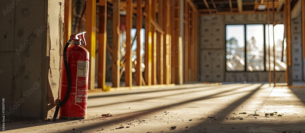 A small red fire extinguisher at a construction site Fire extinguishing ...