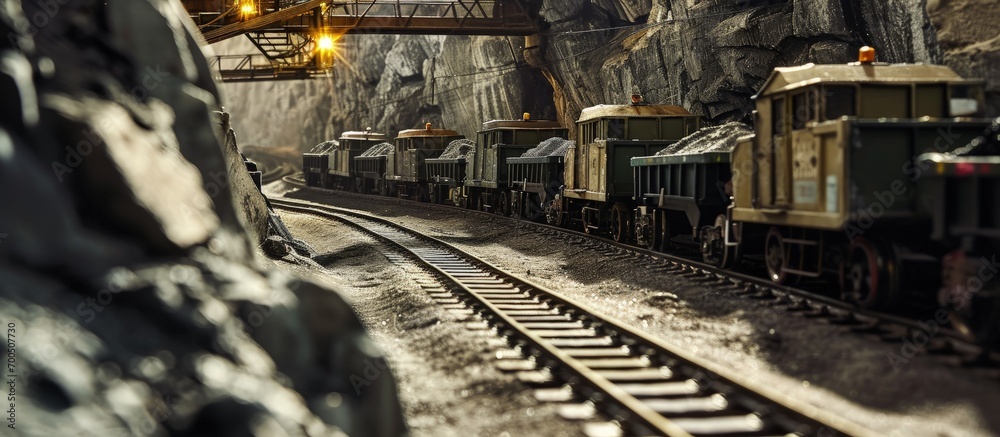 Coal wagons on a tracks in an underground coal mine. Creative Banner ...