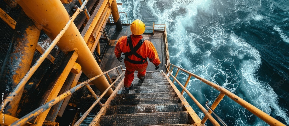 Construction stair walking up and down Offshore oil and gas platform ...