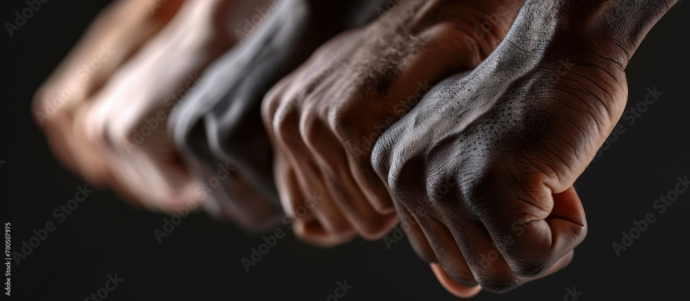 Closeup photo of two arms different race skin colors multinational friends antiracism issue help ...
