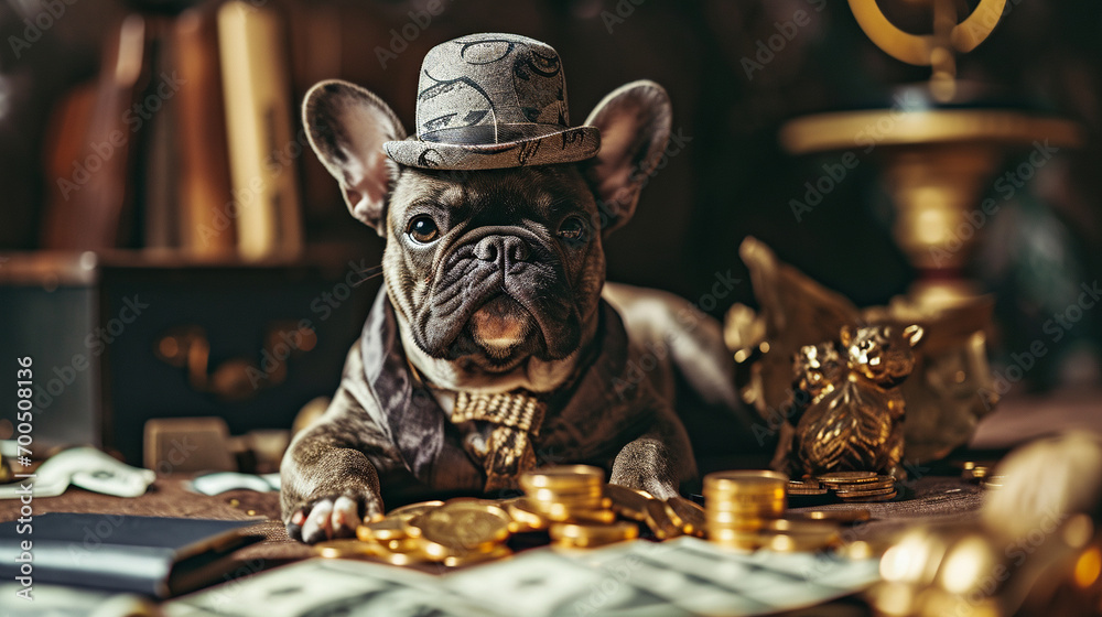 A dapper French Bulldog, dressed in a sharp suit and hat, sits atop a ...