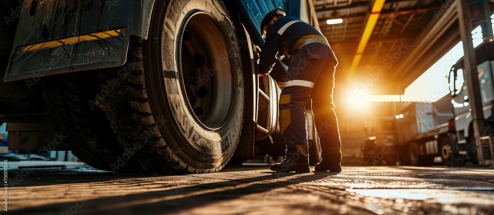 Auto Mechanic Holding Clipboard is Checking The Truck Wheels Tires ...