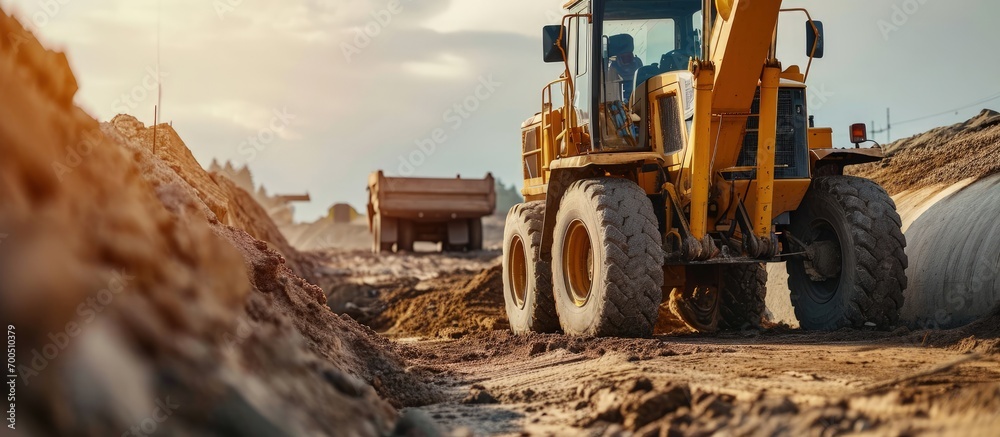 A large front loader pours sand into a pile at a construction site ...