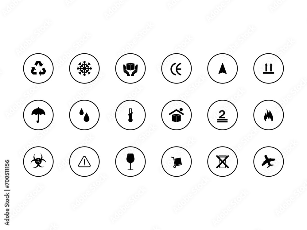 Common packaging & warning symbol set. Black & white flat style icons with frame & outline ...