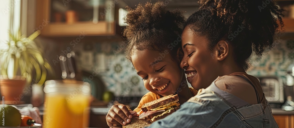 Loving black mother and daughter cuddling while having snack at kitchen ...