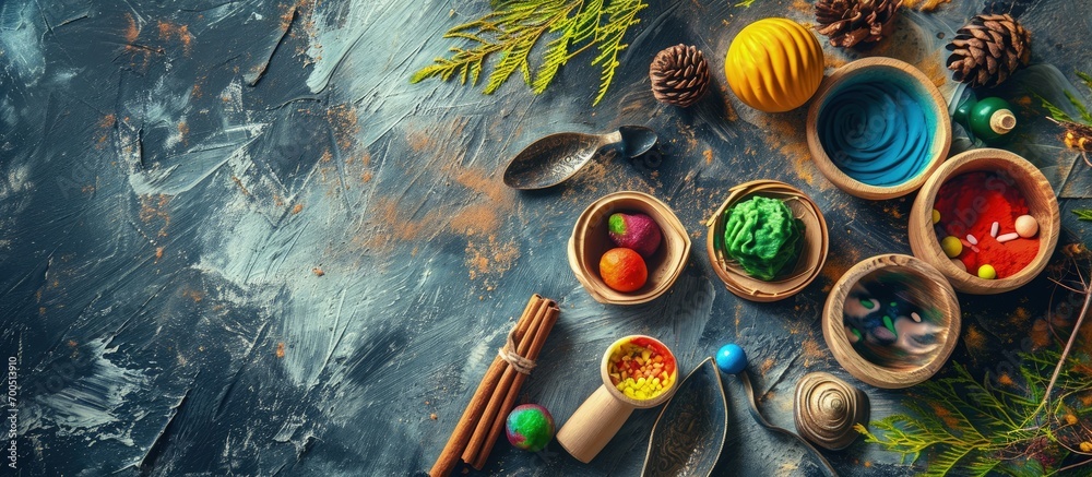A little girl playing with autumn natural materials and play dough ...