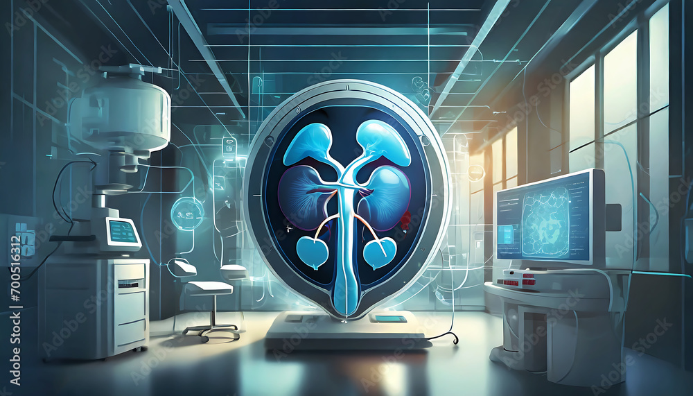 futuristic medical research or kidney health care with diagnosis and ...