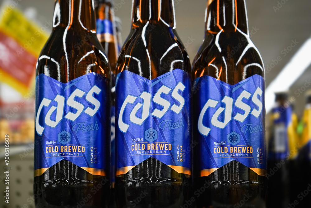 Honolulu Hi December 23 2023 Korean Beer Brand Cass Fresh Cold Brewed Bottles With Blue