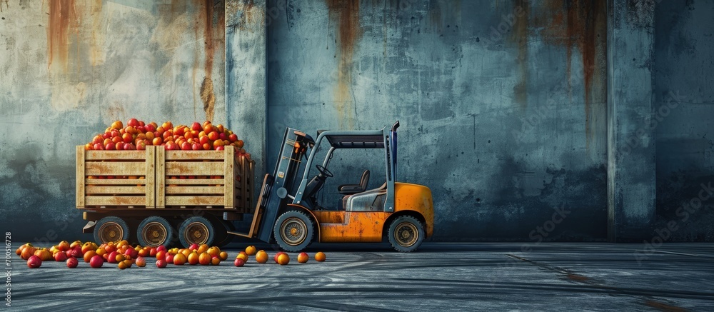 Forklift loading truck with containers full of apples Fruits and food ...
