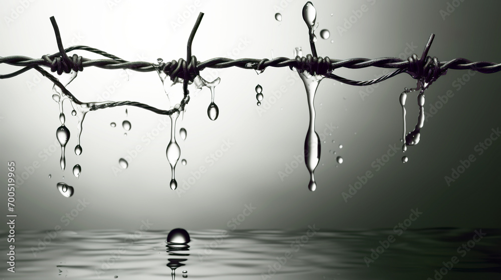 A stretched barbed wire with water drops above the water. A unique and ...