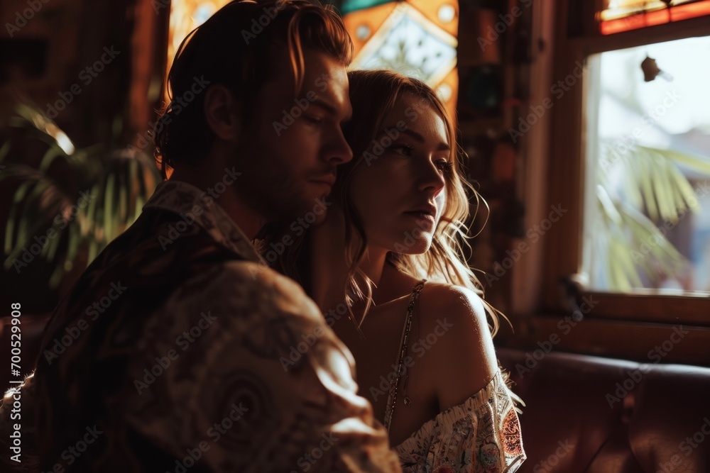 Intimate moment between a couple in a dimly lit setting, their ...