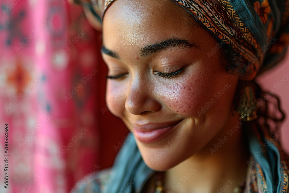 Horizontal shot of positive Muslim woman keeps eyes closed keeps hands ...