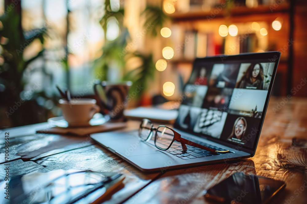 Laptop screen with multiple video call windows. Home office video calls ...