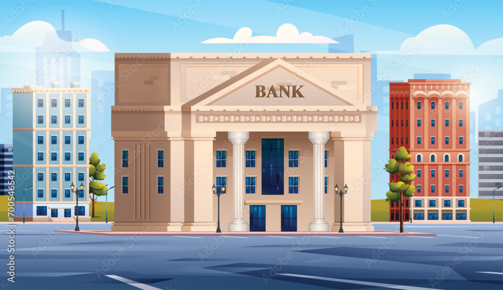 Bank building with city landscape background vector cartoon ...